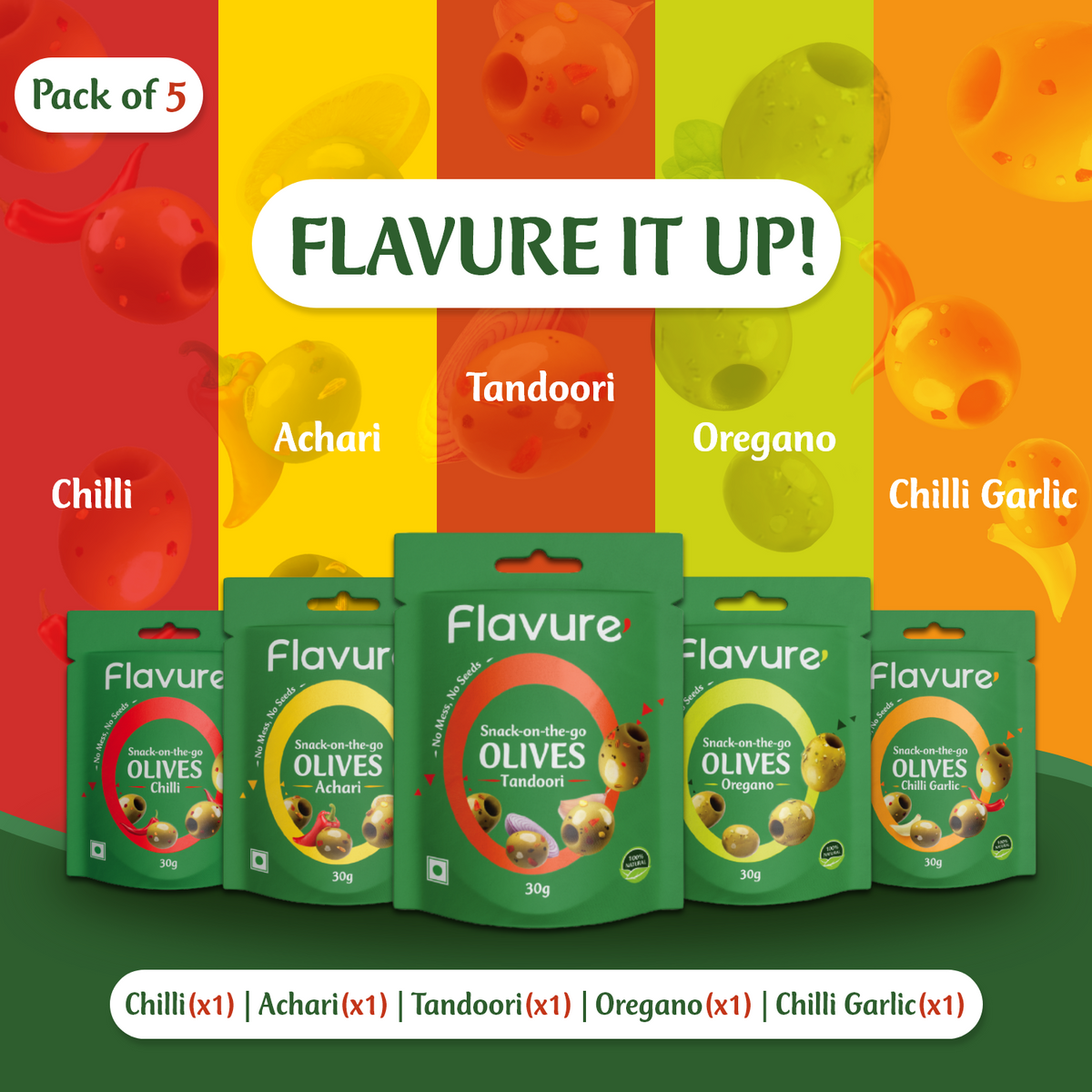 Olive Combo flavours packs | Olives Chilli Garlic, Oregano, Tandoori ...